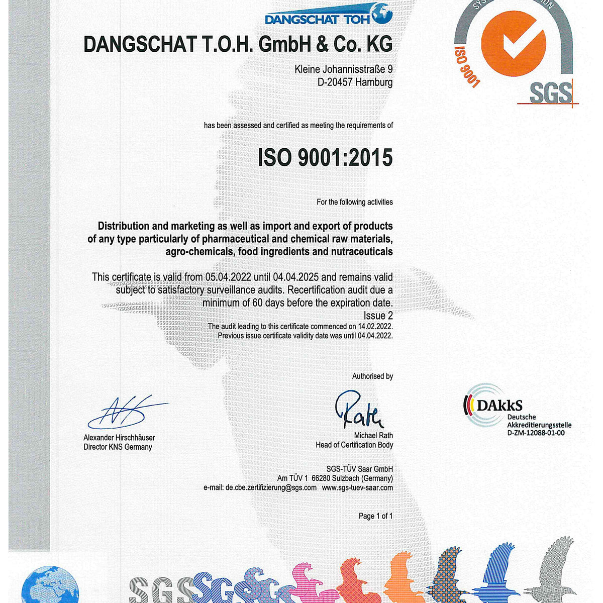 Certificate ISO 9001:2015 – Dangschat T.O.H.
