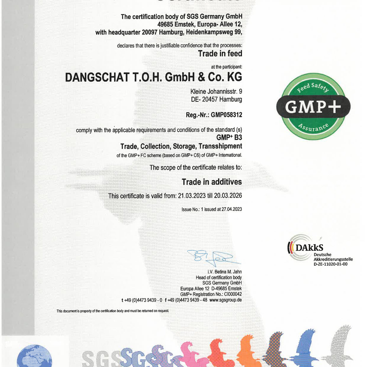 Certificate GMP Plus – Dangschat T.O.H.
